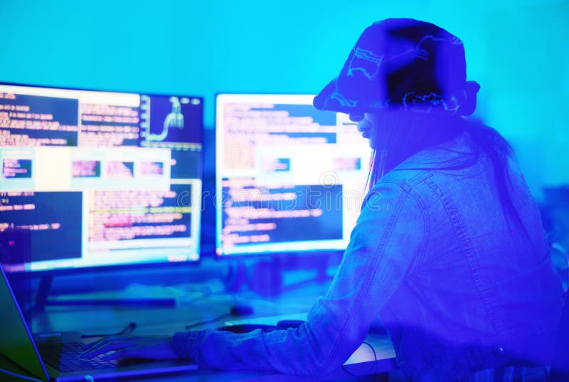 Hacker Programmer And Woman Typing On Laptop In Home At Night In Neon