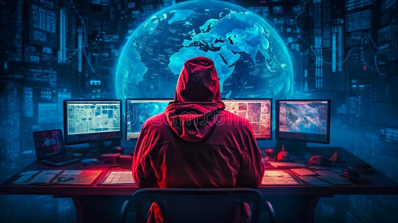 Hacker Programming a Computer in Front of Several Screens Stock ...