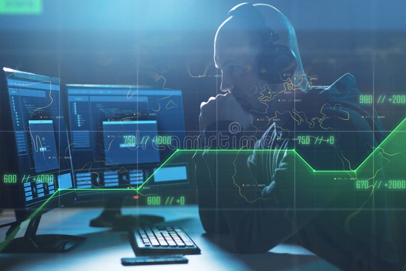 Hacker with Progress Bar on Computers in Dark Room Stock Image - Image ...