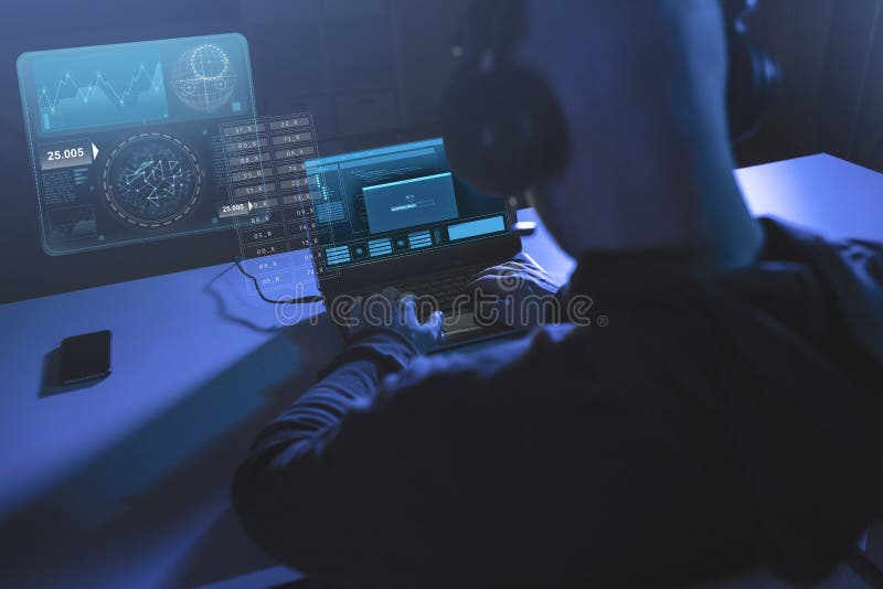 Hacker with Progress Bar on Laptop in Dark Room Stock Photo - Image of ...