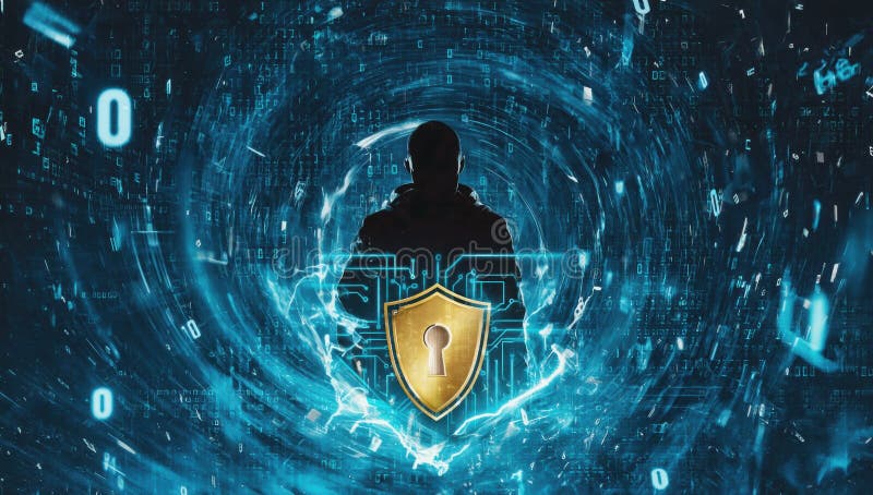 Hacker Protecting Data with Shield in Digital World Stock Image - Image ...