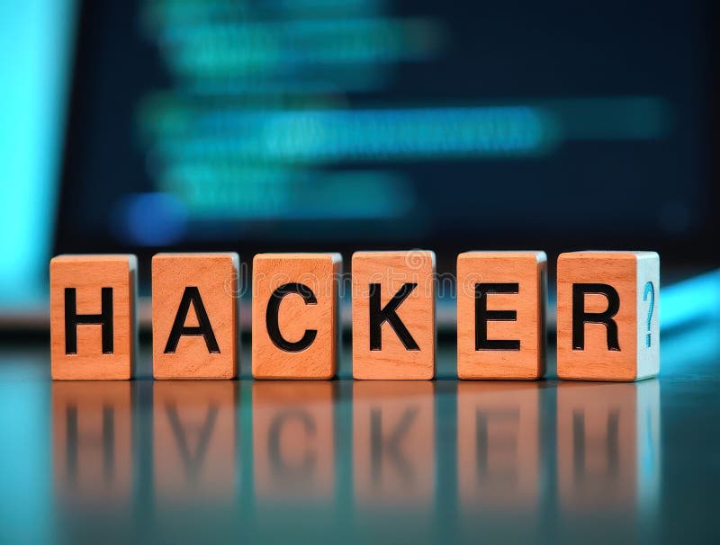 Hacker Question Made of Wooden Cubes in Front of Computer Code Stock ...