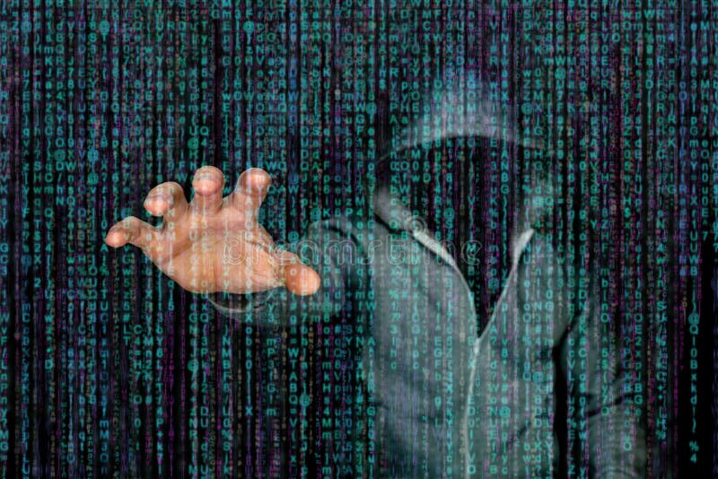 Unknown Hacker In The Hood With A Laptop In His Hand On A Background Of ...