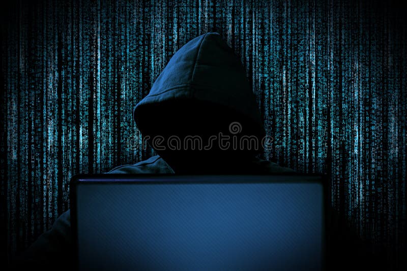 Hacker Behind Glowing Computer Monitor Display in Front of Green Source Binary Code Background ...