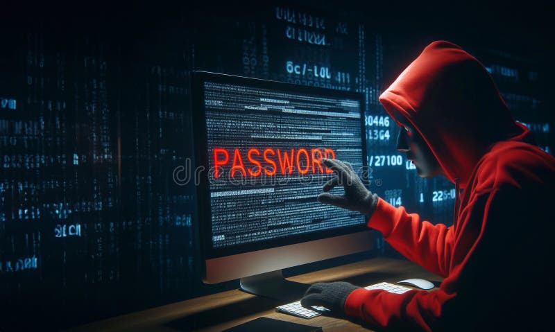 A Hacker in a Hooded Sweatshirt, Grabs the Word Password on a Computer ...