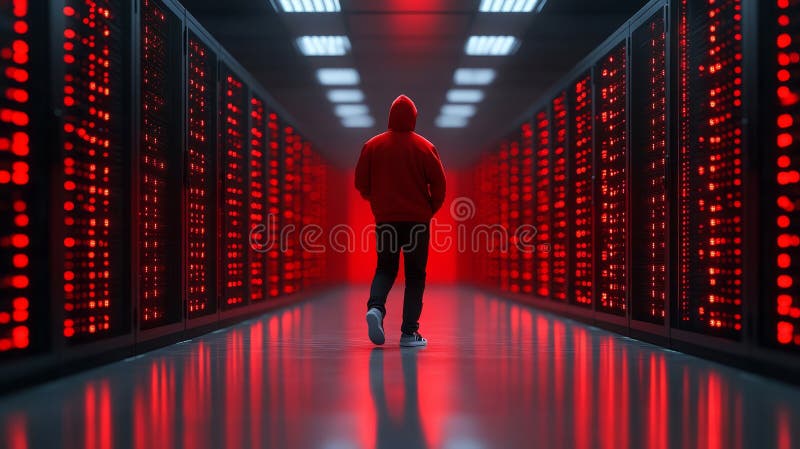 Hacker in Red Hoodie in Server Room Stock Illustration - Illustration ...