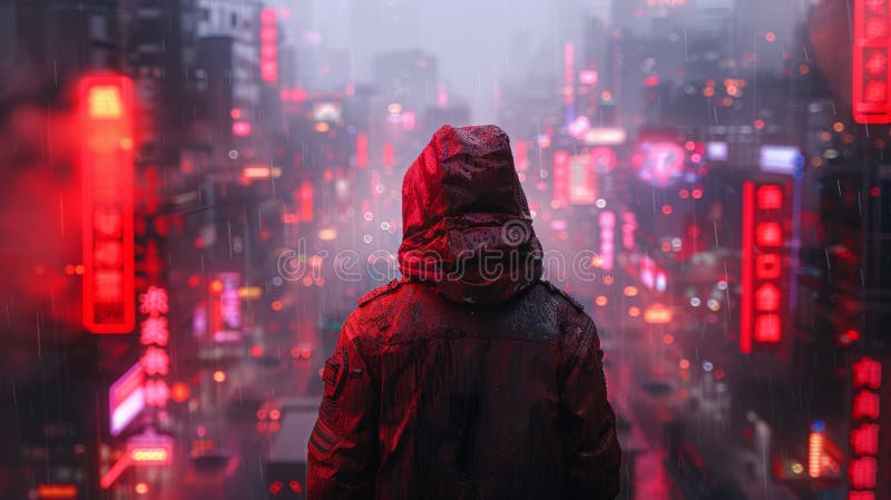 A Hacker in a Red Hoodie Standing in the Rain and Looking at the City ...