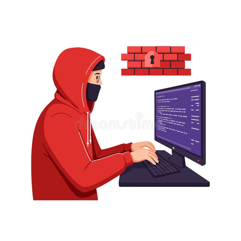 Hacker in Red Hoodie Wearing Mask Working on Computer with Firewall ...
