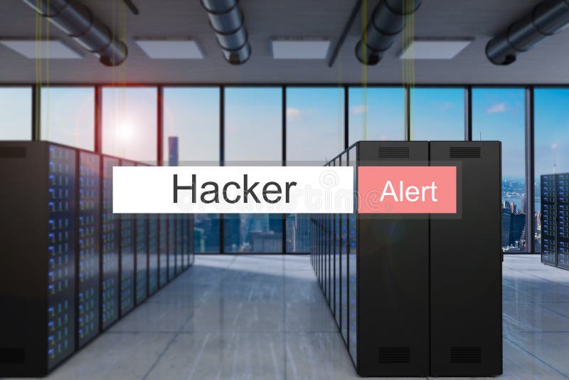 Hacker in Red Search Bar Large Modern Server Room Skyline View, 3D ...