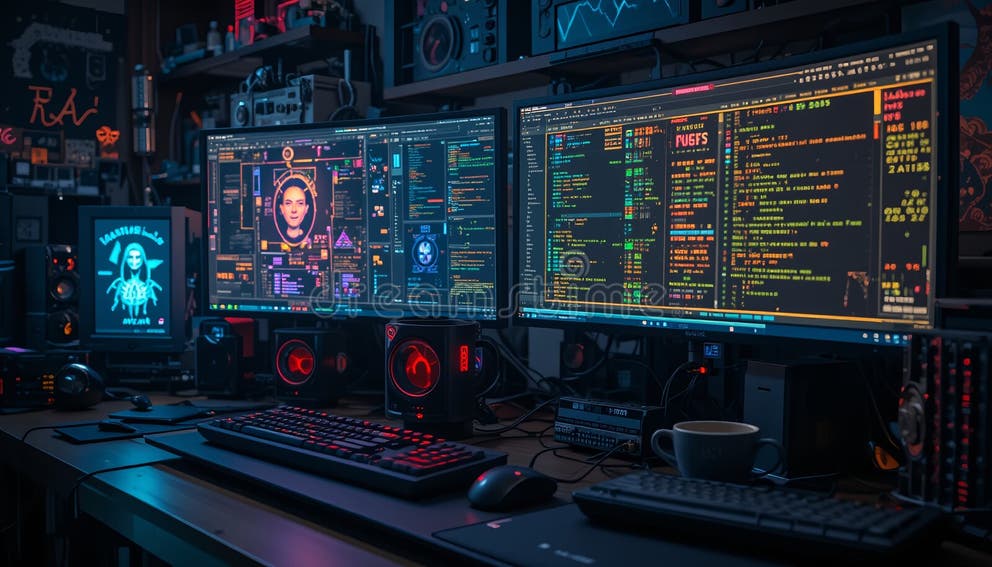 Neon Code Nexus - Cybernetic Workstation with Multi-Monitor Data Flow ...