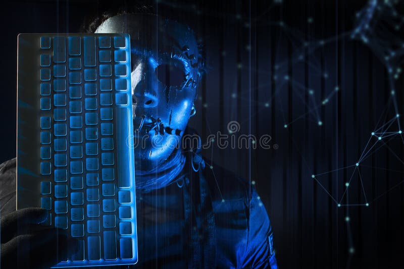 Hacker Robbery Terrorist with Lock Safety Computer Keyboard for Attack To Server Network System ...