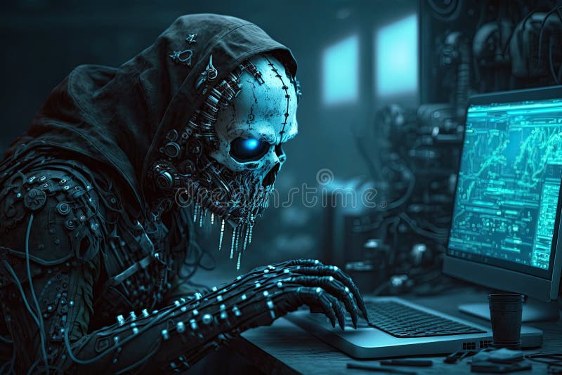 Hacker Robot Hacks a Computer in Front of a Monitor. Concept of ... Hacker Robot Hacks a Computer in Front of a Monitor. Concept of ...