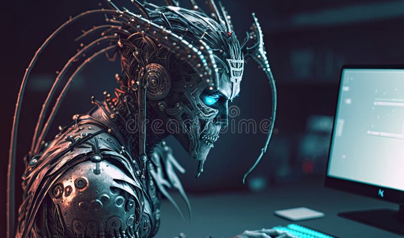 Hacker Robot Hacks into a Computer. Cyborg of Future is Working at a ... Hacker Robot Hacks into a Computer. Cyborg of Future is Working at a ...