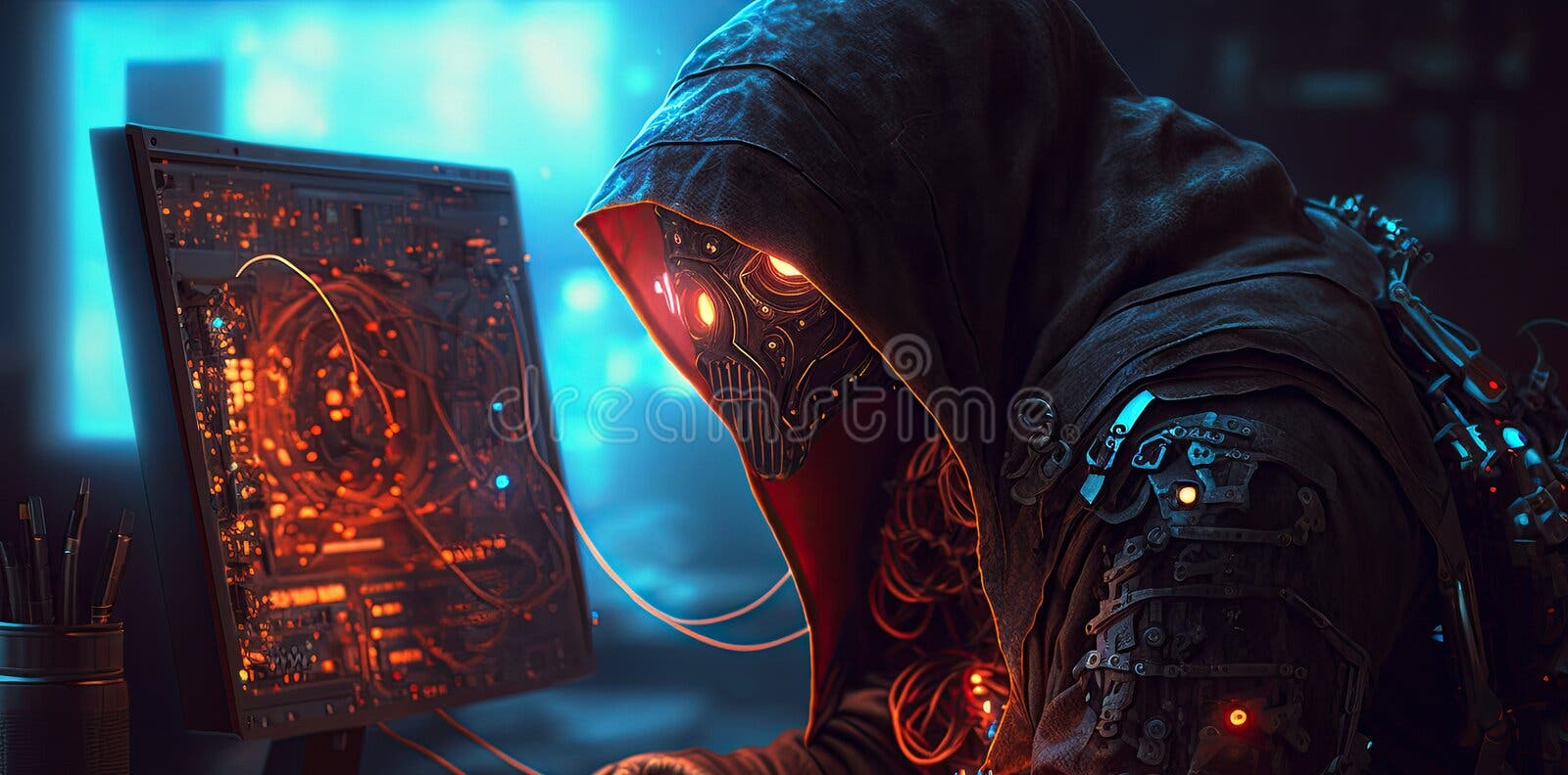 Hacker Robot Hacks Into A Computer Cyborg Of Future Is Working At Computer Concept Of Cyber