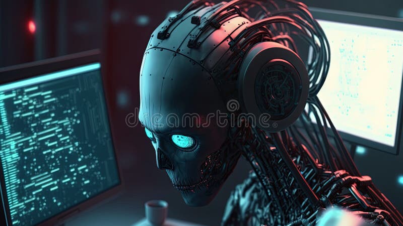 Hacker Robot Hacks a Computer in Front of a Monitor. Concept of ... Hacker Robot Hacks a Computer in Front of a Monitor. Concept of ...