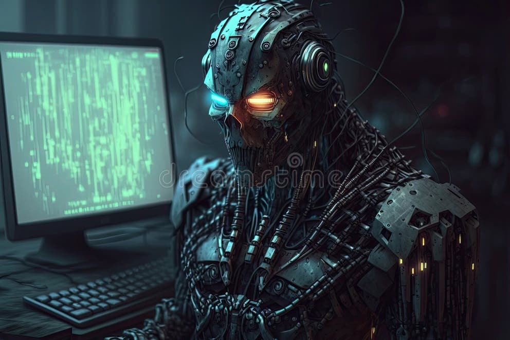 Hacker Robot Hacks a Computer in Front of a Monitor. Concept of ...