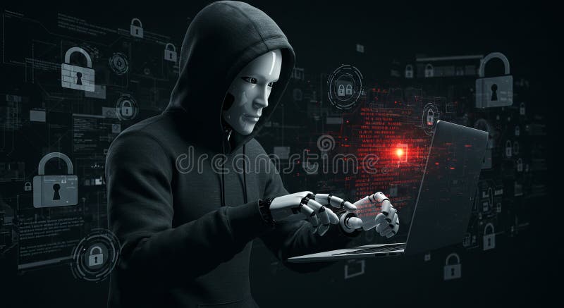 Hacker Robot in a Hoodie Accessing Data on Laptop with Cybersecurity ...