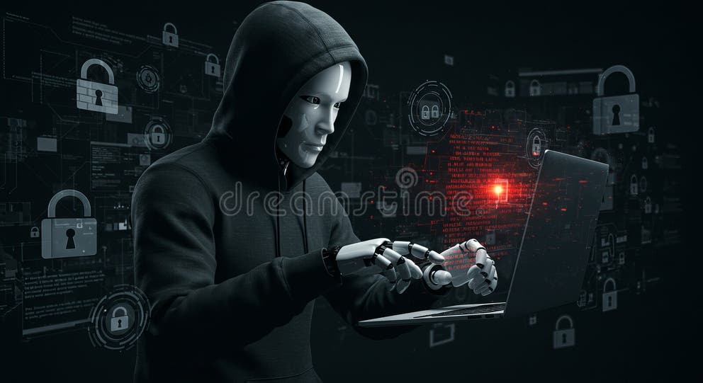 Hacker Robot in a Hoodie Accessing Data on Laptop with Cybersecurity ...