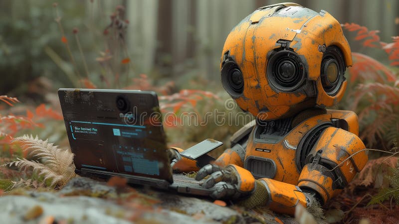 A Hacker Robot is Resting on a Boulder while Operating a Laptop ...