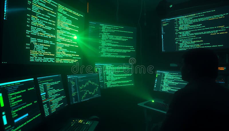 Hacker Room Monitors Coding, Cyber Security, Technology Setup, Focused ...