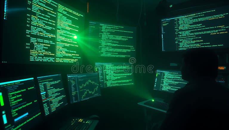 Hacker Room Monitors Coding, Cyber Security, Technology Setup, Focused ...