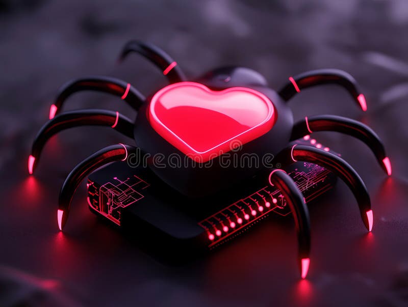 Cyberpunk Spider with Glowing Neon Heart on Tech Surface Stock ...