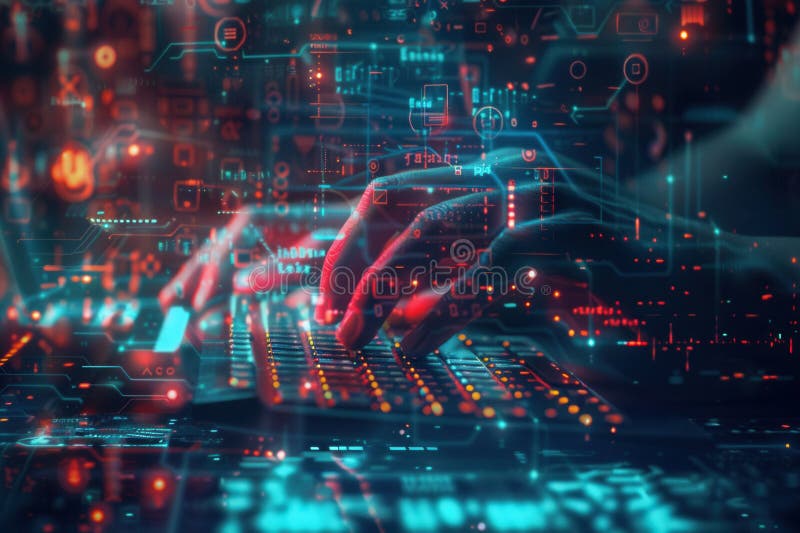 A Hacker S Hands are Engaged in Fast Typing, Surrounded by an Array of Glowing Digital Symbols ...