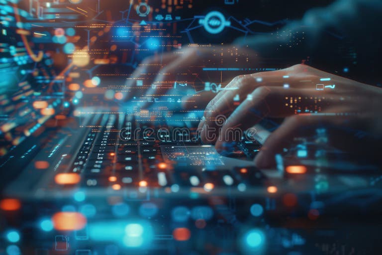 A Hacker& X27;s Hands Move Swiftly Across the Keyboard, Surrounded by ...