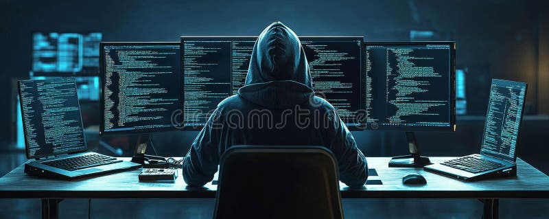 The Hacker S Haven a Hooded Figure Surrounded by Screens Displaying ...