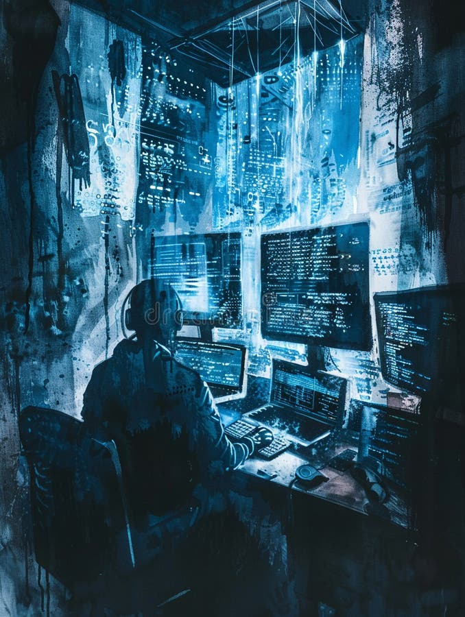 A Hacker S Lair in Watercolor, Screens Alive with Code, a Shadowy ...