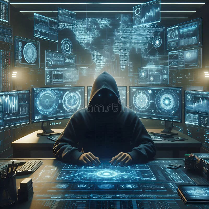 A Hacker S Work Desk Filled with Digital Devices Stock Illustration ...