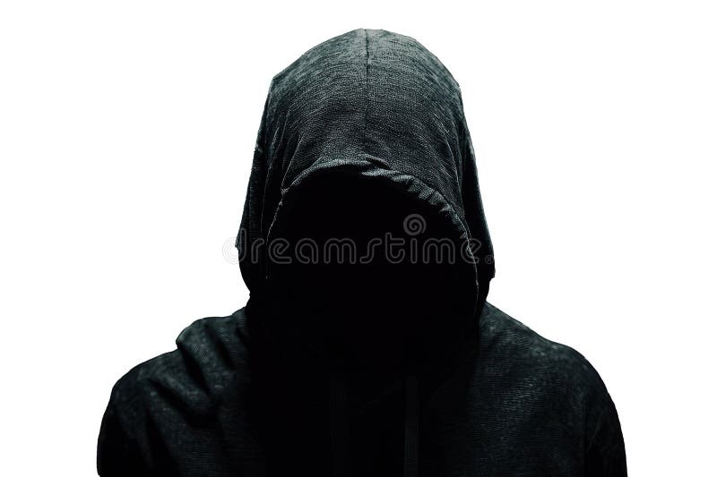 Hacker Scammer Character Black Hood Isolated White Background Stock ...