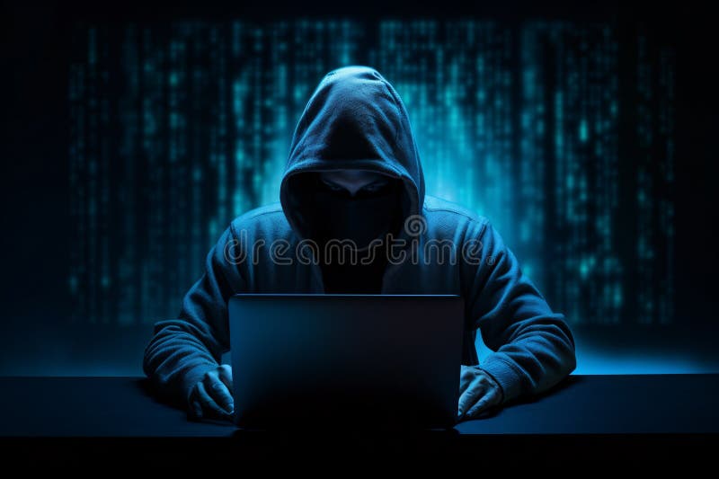 A Hacker or Scammer Using Laptop Computer on Dark Technology Background ...