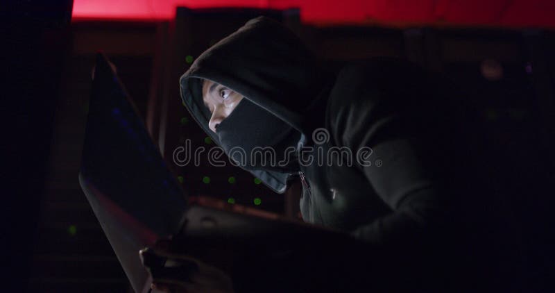 Hacker Server Room And Computer For Programming Data Center Crime Or Cybersecurity Coding Of