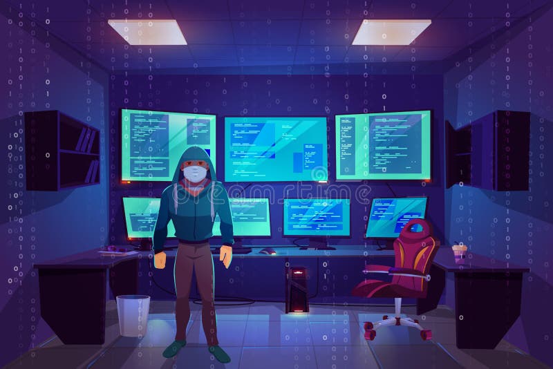 Hacker In Server Room, Multiple Computer Monitors Stock Photo - Image ...