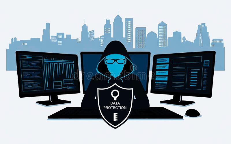 Hacker with Shield Symbol Representing Data Protection, Multiple ...