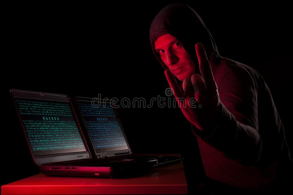 Hacker showing horns stock photo. Image of night, illegal - 18561900