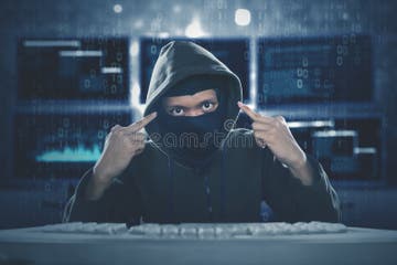 Hacker Showing Middle Finger Gesture Stock Photo - Image of password ...