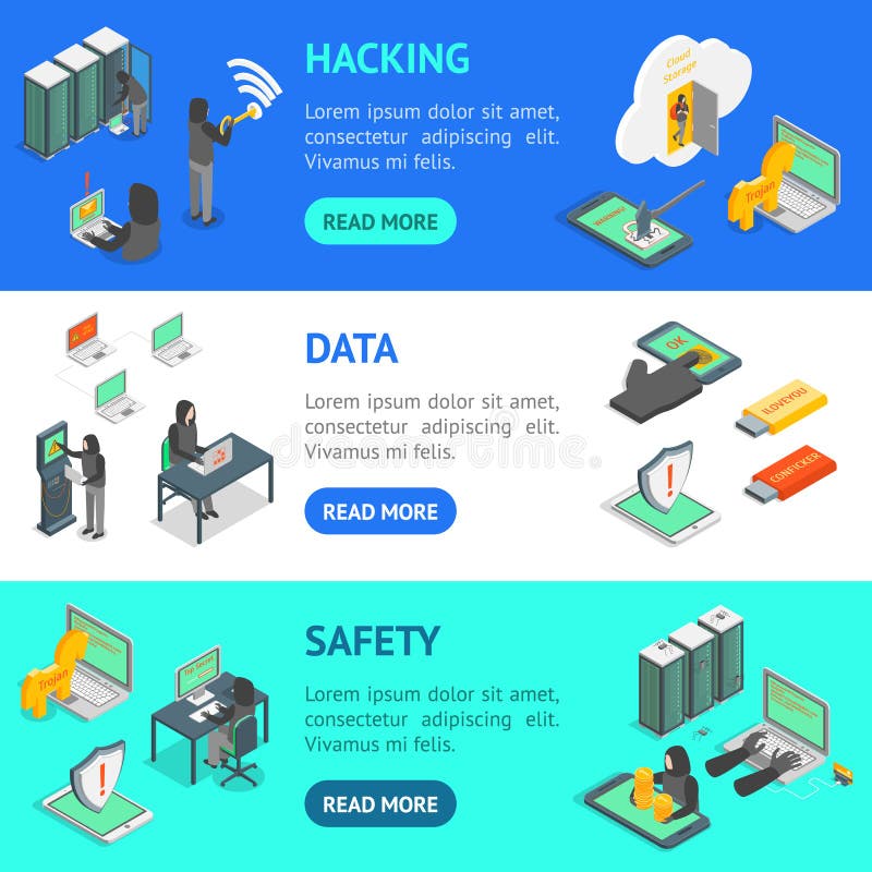 Hacker Signs 3d Banner Horizontal Set Isometric View. Vector Stock ...