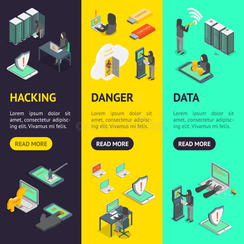 Hacker Signs 3d Banner Vecrtical Set Isometric View. Vector Stock ...
