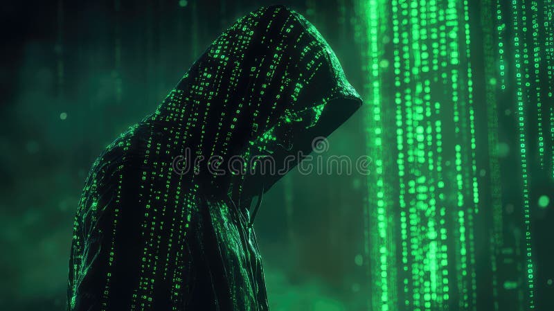 Hacker Silhouette in Green Binary Code Cascade with Dynamic Matrix-Like Patterns Stock Photo ...