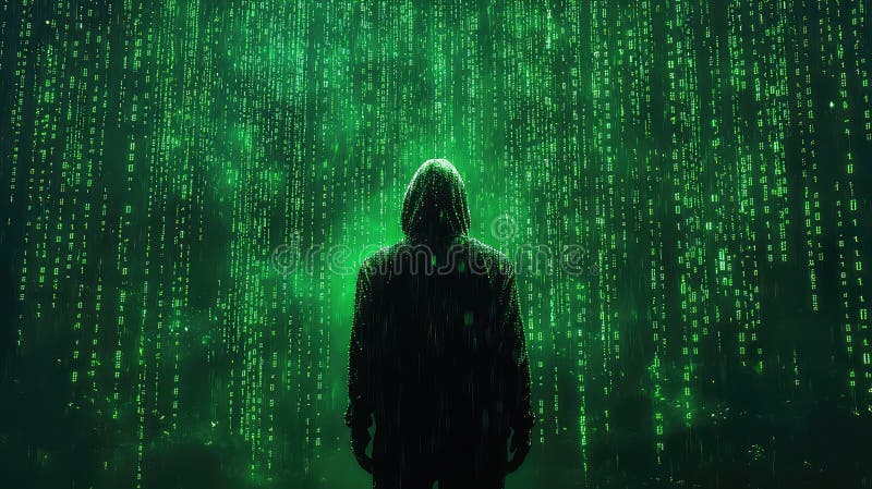 Hacker Silhouette In Green Binary Code Cascade With Dynamic Matrix Like 7211