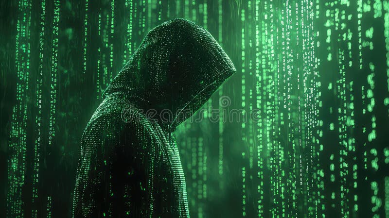 Hacker Silhouette in Green Binary Code Cascade with Dynamic Matrix-Like Patterns Stock Image ...