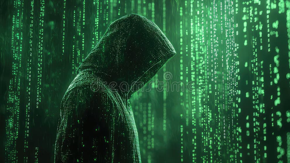 Hacker Silhouette In Green Binary Code Cascade With Dynamic Matrix Like 5522