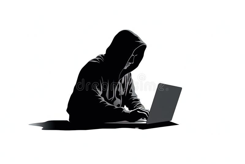 Hacker Silhouette with Laptop on a White Background. Stock Illustration ...
