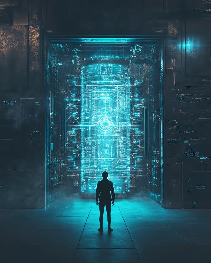 A Hacker Silhouette Standing before an Enormous Digital Vault, Glowing ...