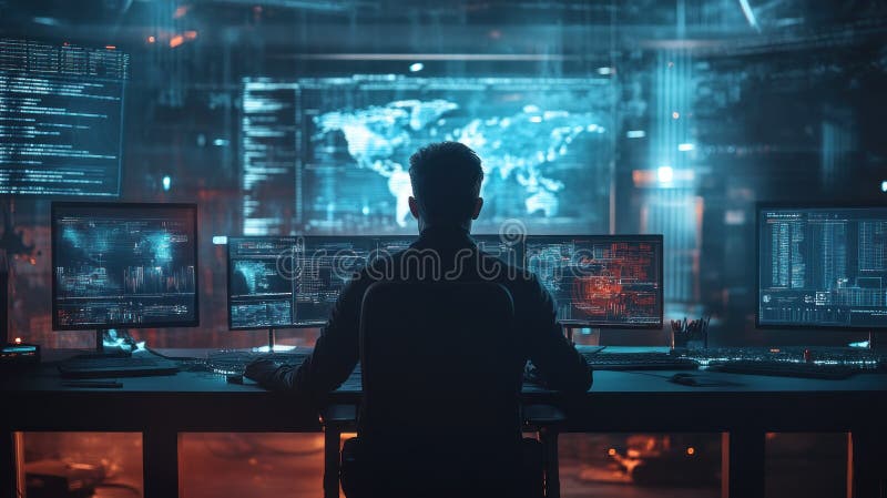 A Hacker Silhouetted Against a Glowing World Map Displayed on Multiple ...