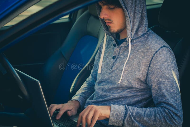 Hacker Sit in Car with His Laptop Stock Photo - Image of fraud ...