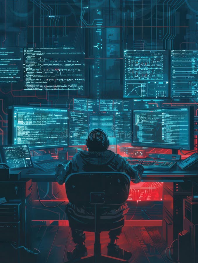 A Hacker Sits at a Cluttered Desk, Intensely Focused on Various Computer Screens while Operating ...