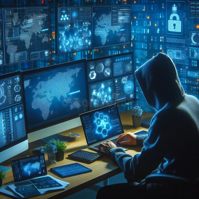 Hacker Sits in Front of Monitors. Anonymous Hooded Back View. Hacker ...